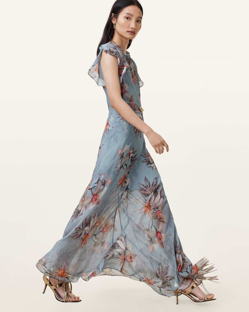 Flora Printed Maxi Dress ADENA DUSTY BLUE | ALLSAINTS